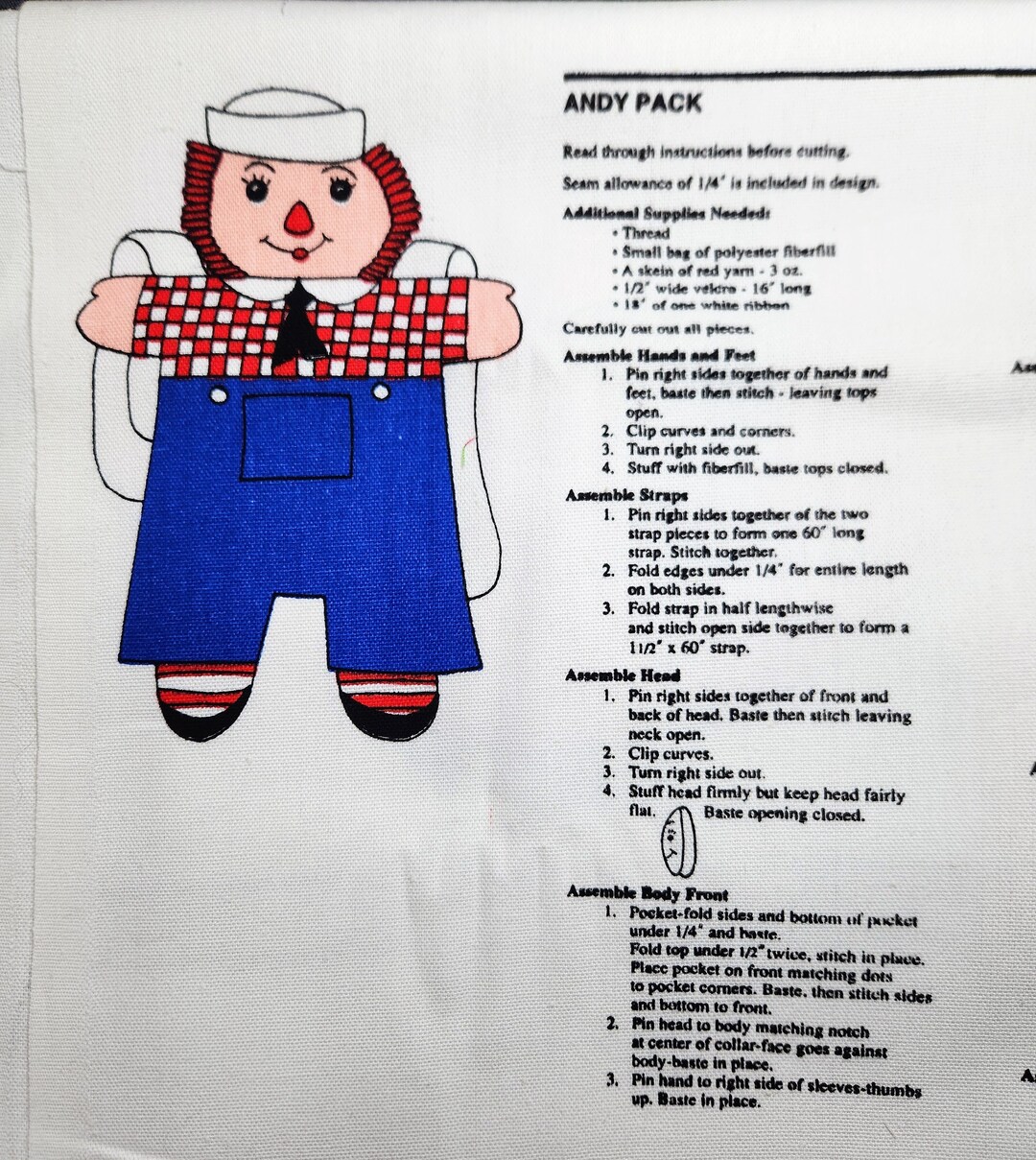 Vintage Raggedy Andy Back Pack - Cut and Sew Panel - Etsy