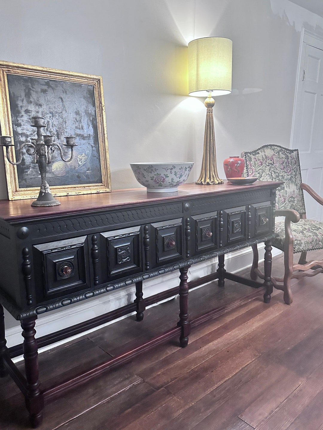 VINTAGE Jacobean Sideboard Jacobean Buffet Black Buffet Server Credenza ...