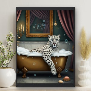 White Leopard in Bathtub Printable Wall Art Big Cat Taking a Bubble ...