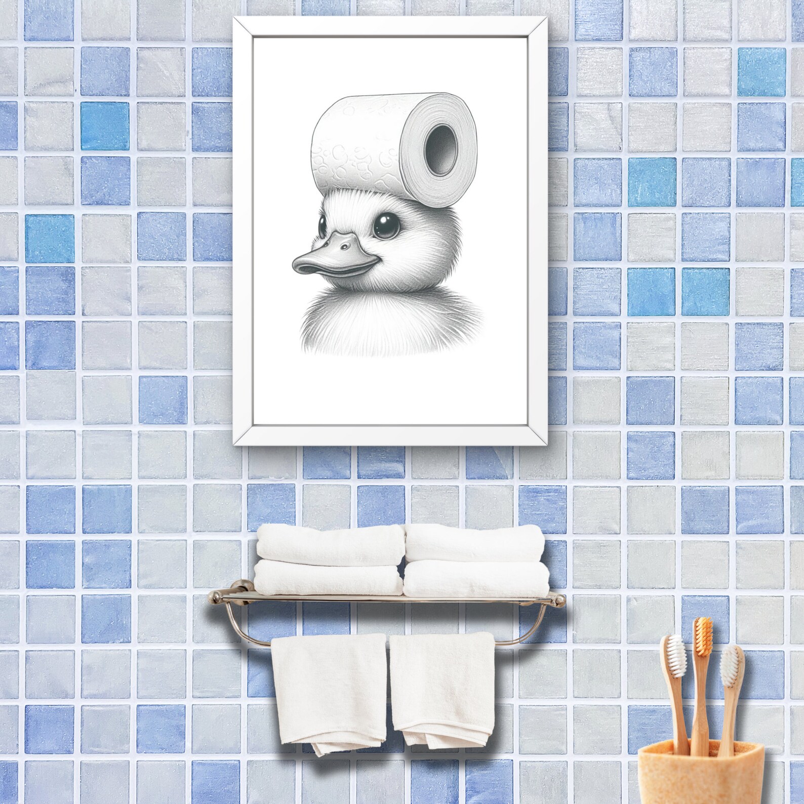 Bathroom Art, Cute Duckling Baby Duck, Toilet Paper on Head, Bathroom ...