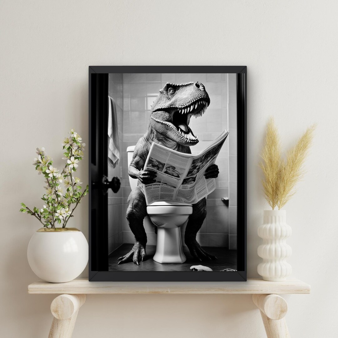 Dinosaur T-rex on Toilet Bathroom Wall Art, Dino Reading the Newspaper ...