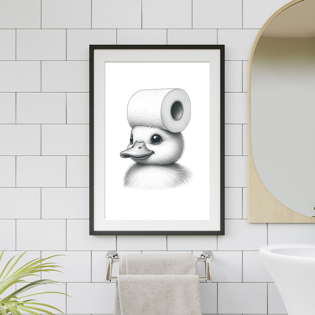Bathroom Art, Cute Duckling Baby Duck, Toilet Paper on Head, Bathroom ...