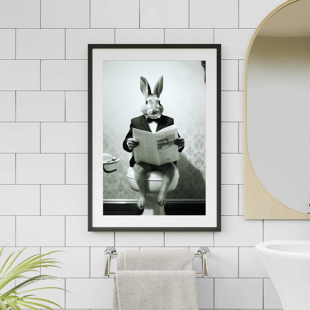 Rabbit on Toilet Printable Wall Art Rabbit Reading Paper Bunny in ...