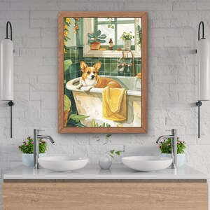 Welsh Corgi Dog in Bathtub Printable Wall Art, Corgi Dog Taking a Bath ...