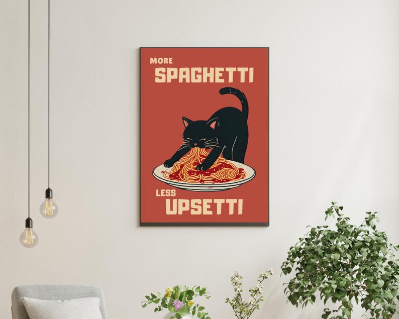 More Spaghetti Less Upsetti Black Cat Print, Retro Diner Poster, Bistro ...