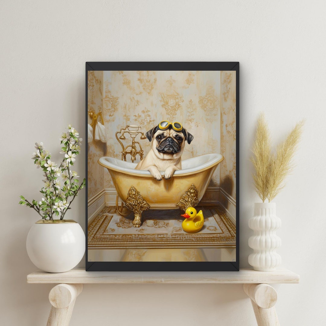 Pug in Bathtub Art Print: Whimsical Bathroom Decor (digital Download) # ...