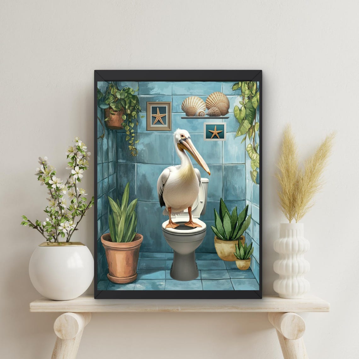 Pelican Bird Bathroom Wall Art, Sitting on Toilet Print, Coastal Theme ...