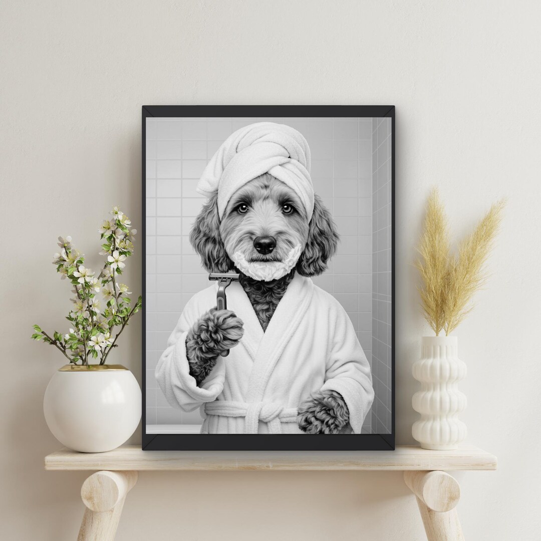 Labradoodle Bathroom Wall Art, Dog Shaving With Razor Print, Bathrobe ...