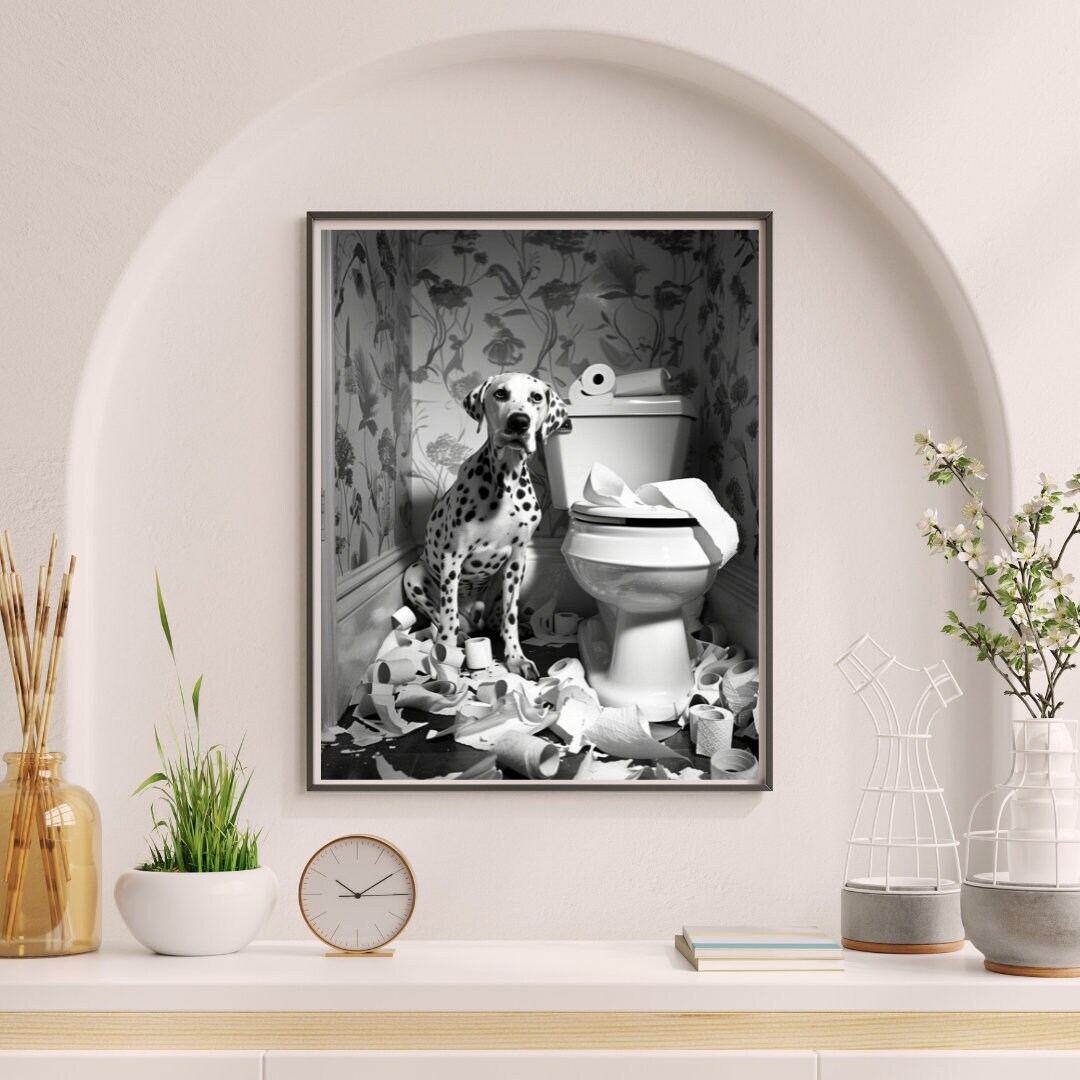 Bad Dalmatian Bathroom Wall Art, Dog With Toilet Paper Mess Wall Décor ...