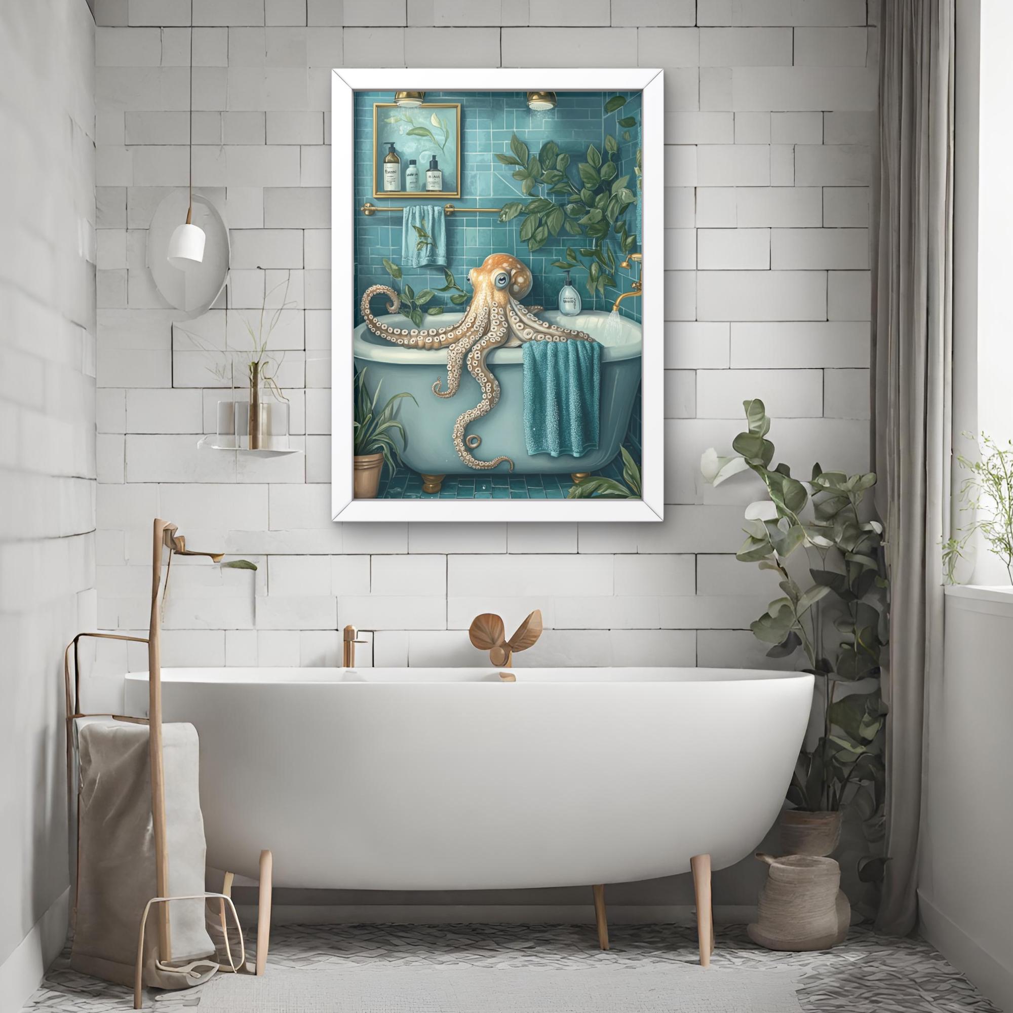 Octopus in Bathtub Printable Wall Art, Octopus Taking a Bath in Tub ...