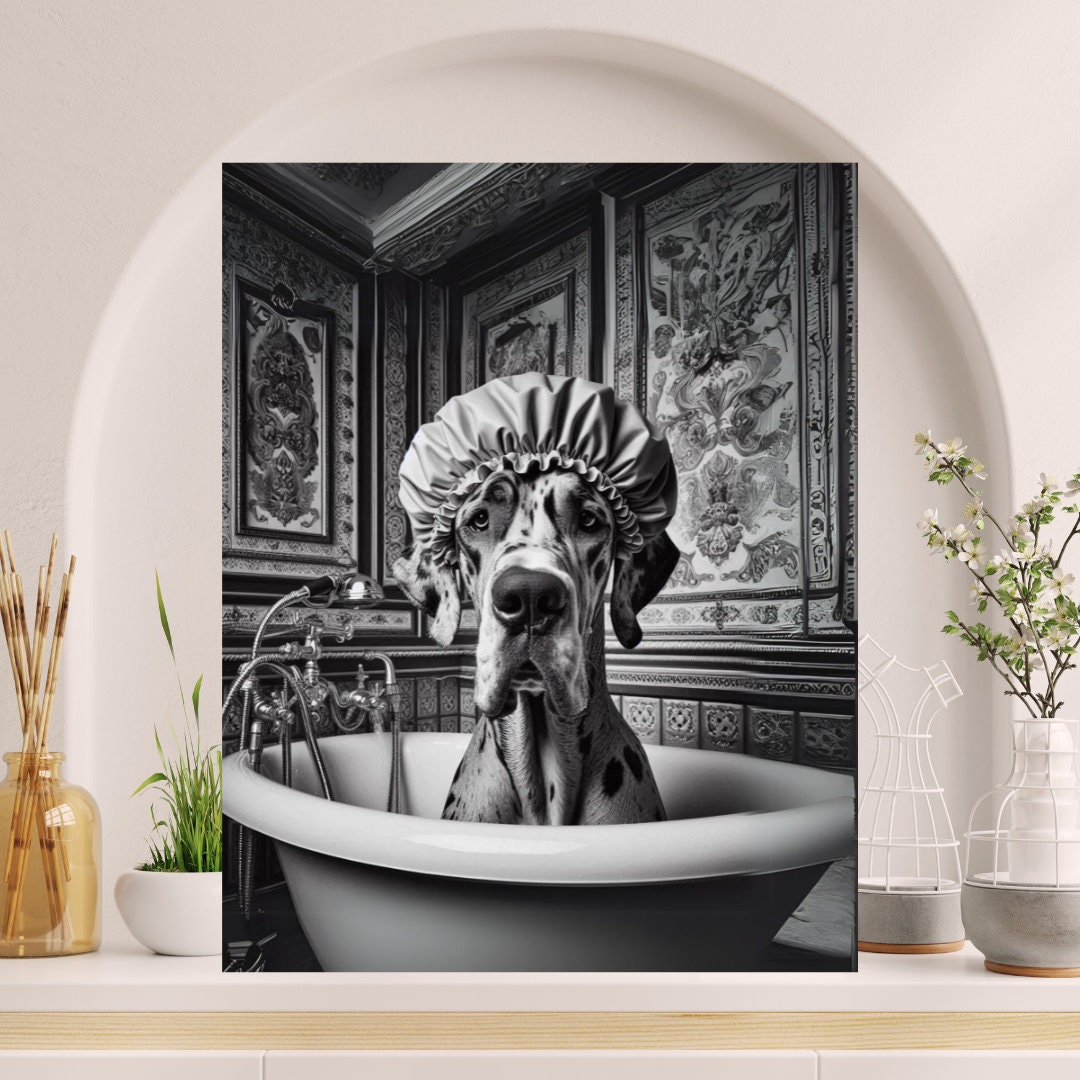 Great Dane Dog in Tub Bathroom Wall Art | Dog Taking a Bath With Shower Cap | Dog Poster Print ...