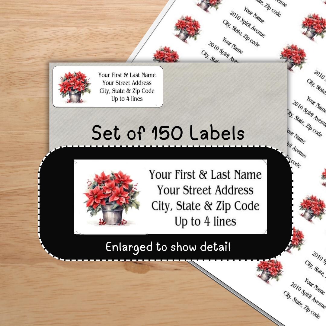Poinsettia Flower Christmas Address Labels: Floral Return Mailing ...