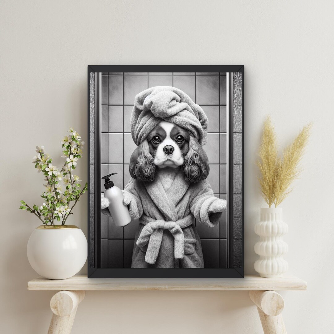 Cavalier King Charles Dog Bathroom Wall Art, Dog in Bathrobe Taking ...