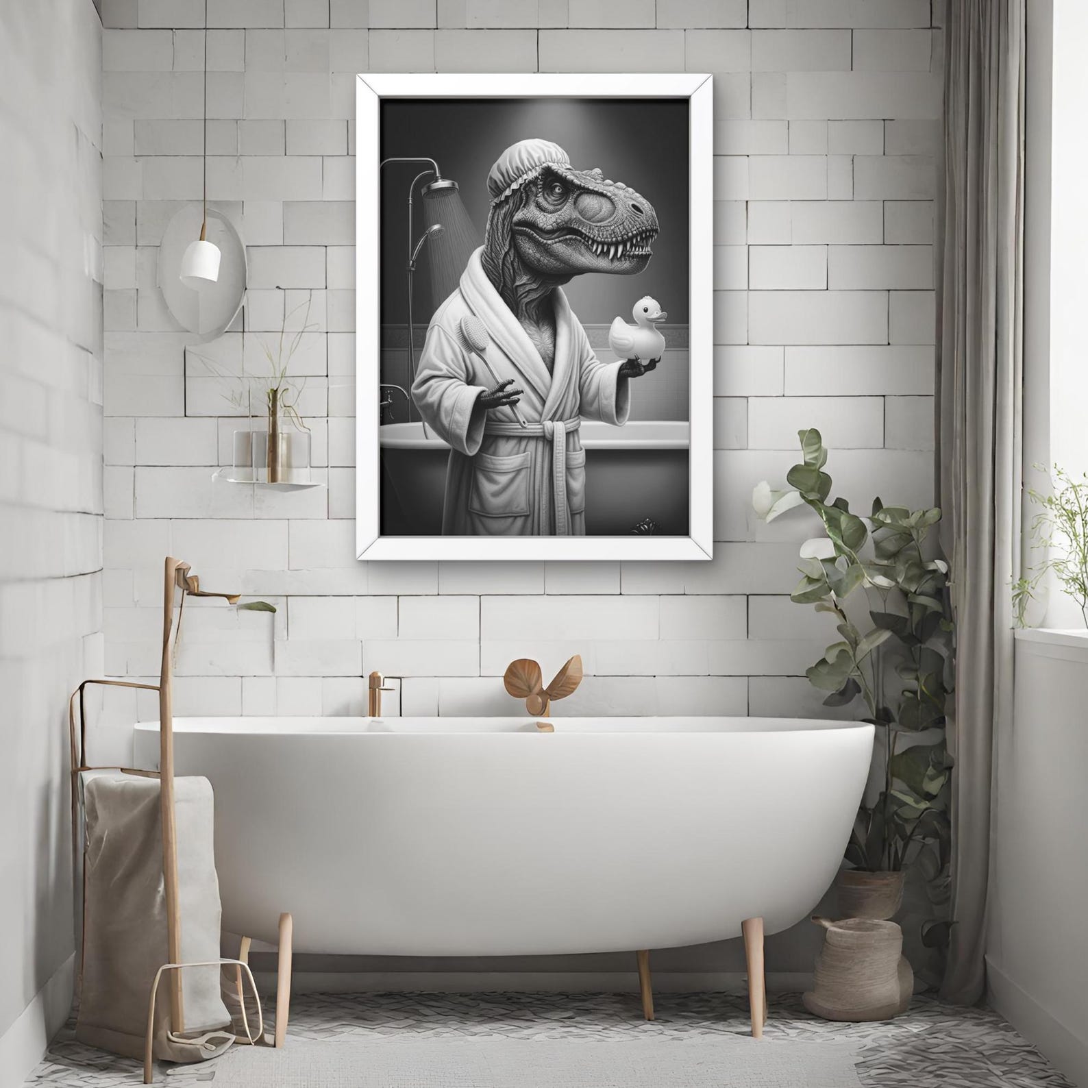 T-rex Dinosaur Bathroom Printable Wall Art, Dino With Rubber Duck ...