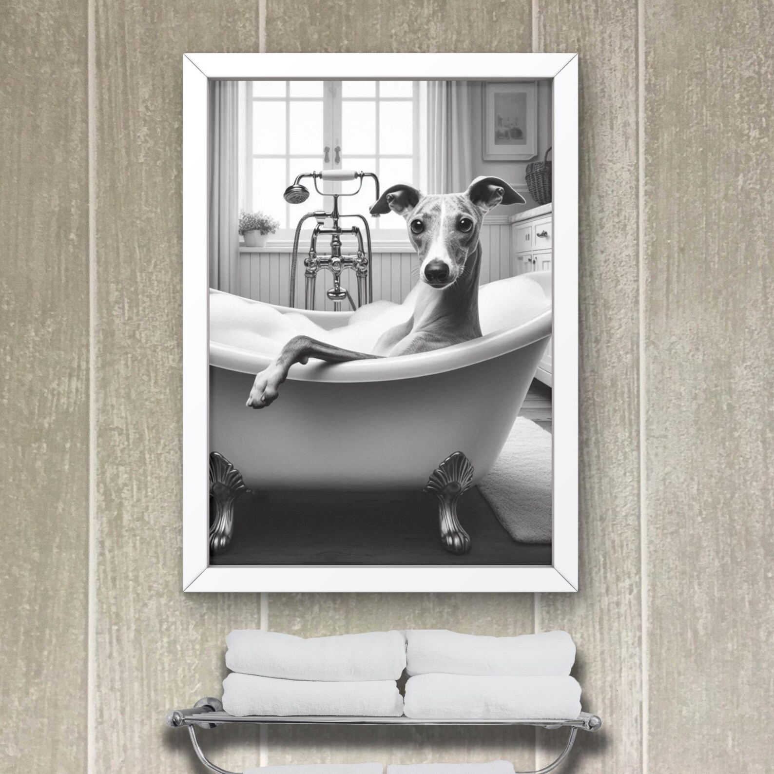 Whippet Dog in Tub Printable Wall Art | Dog Taking a Bubble Bath in ...