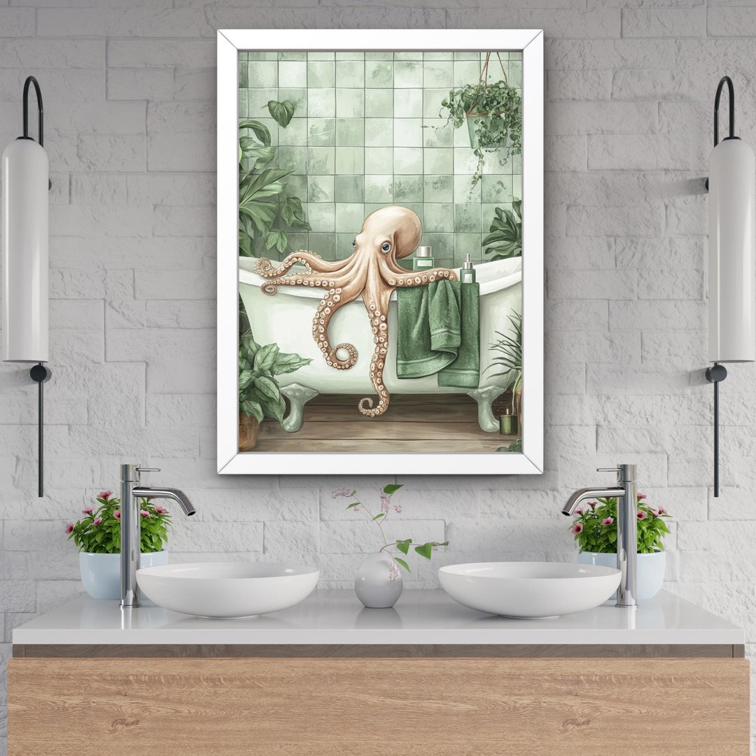 Octopus in Bathtub Printable Wall Art, Octopus Taking a Bath in Tub ...