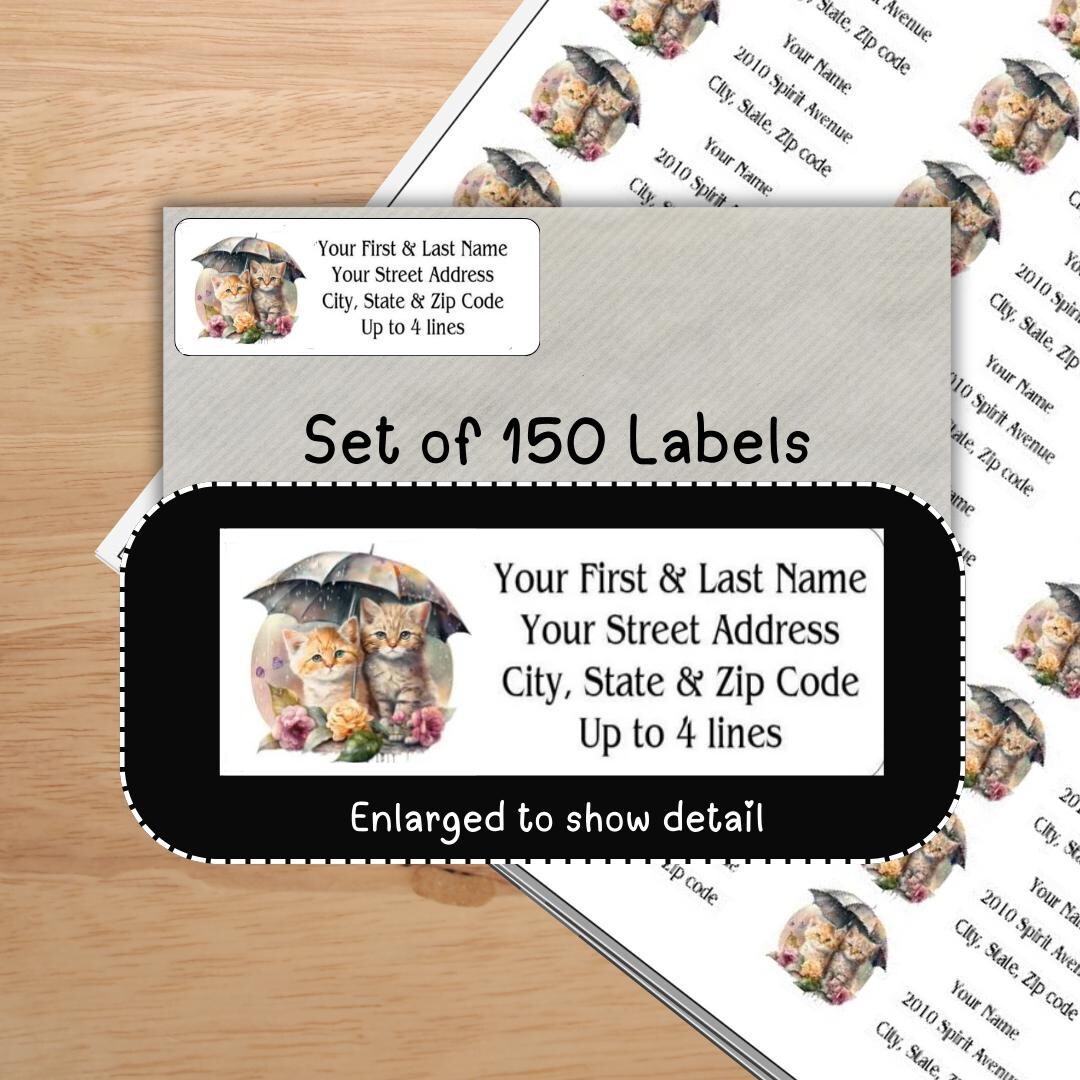 Kittens Under Umbrella, Cat Address Labels, Rain Flowers Floral Cats ...