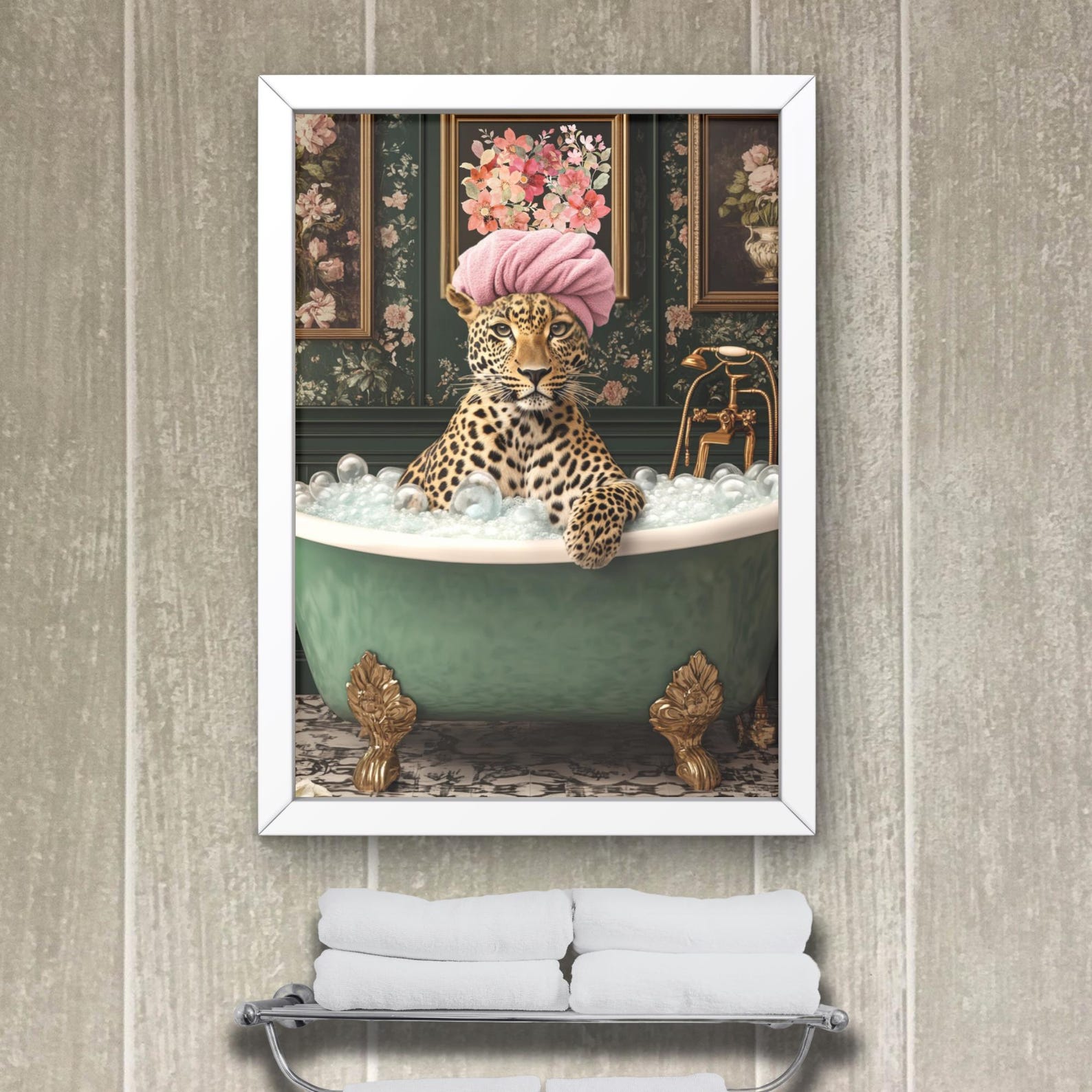 Leopard in Bathtub Printable Wall Art | Big Cat Taking a Bubble Bath in ...