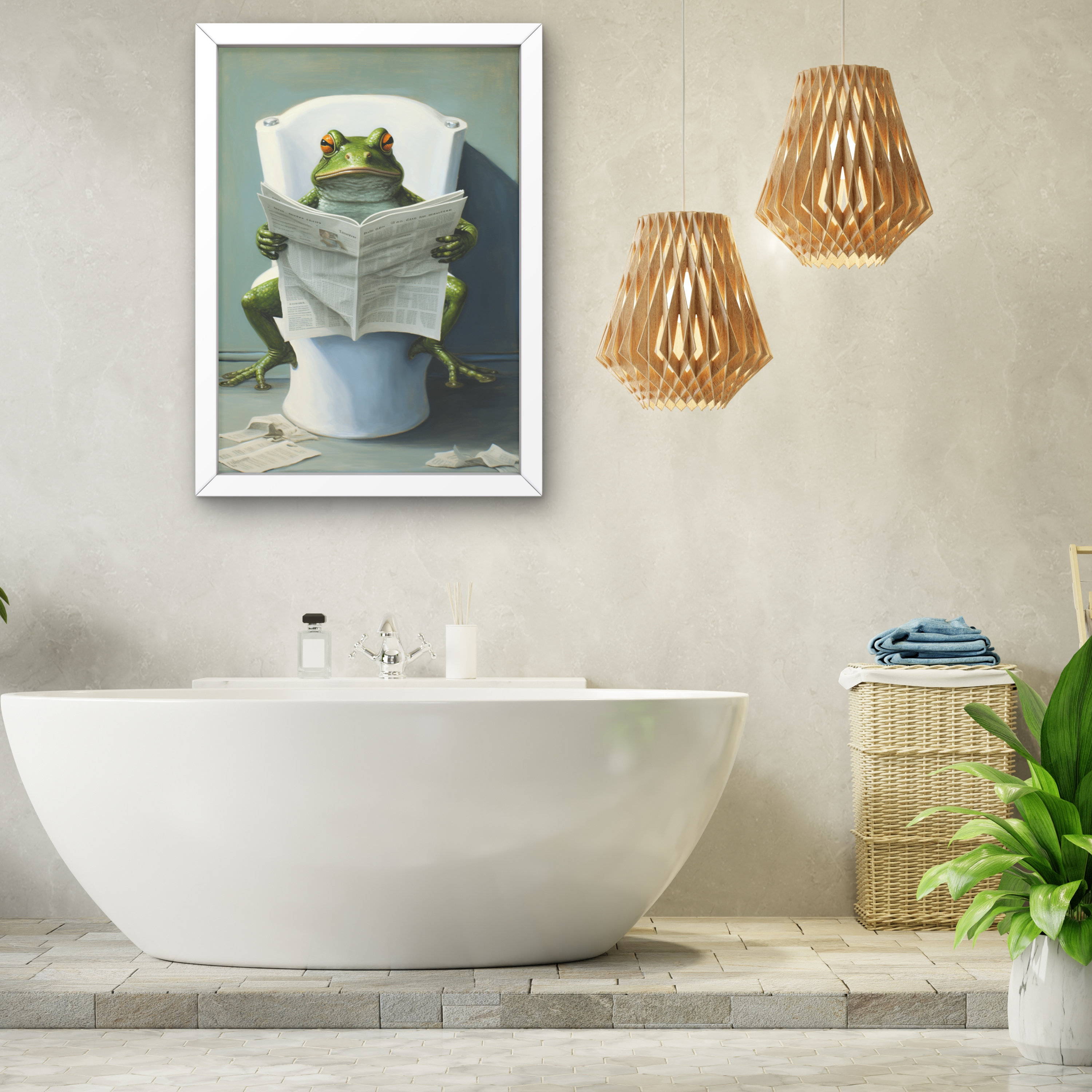 Frog on Toilet Printable Wall Art Frog Reading Paper Frog in Bathroom ...