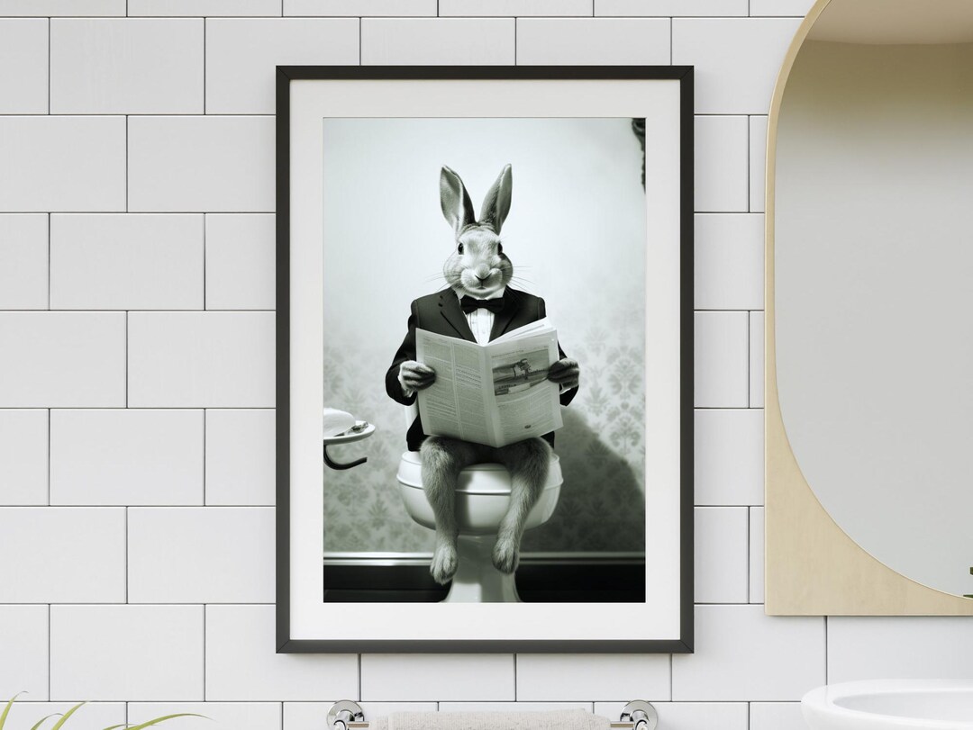 Rabbit on Toilet Printable Wall Art, Bunny Reading Newspaper Bathroom ...