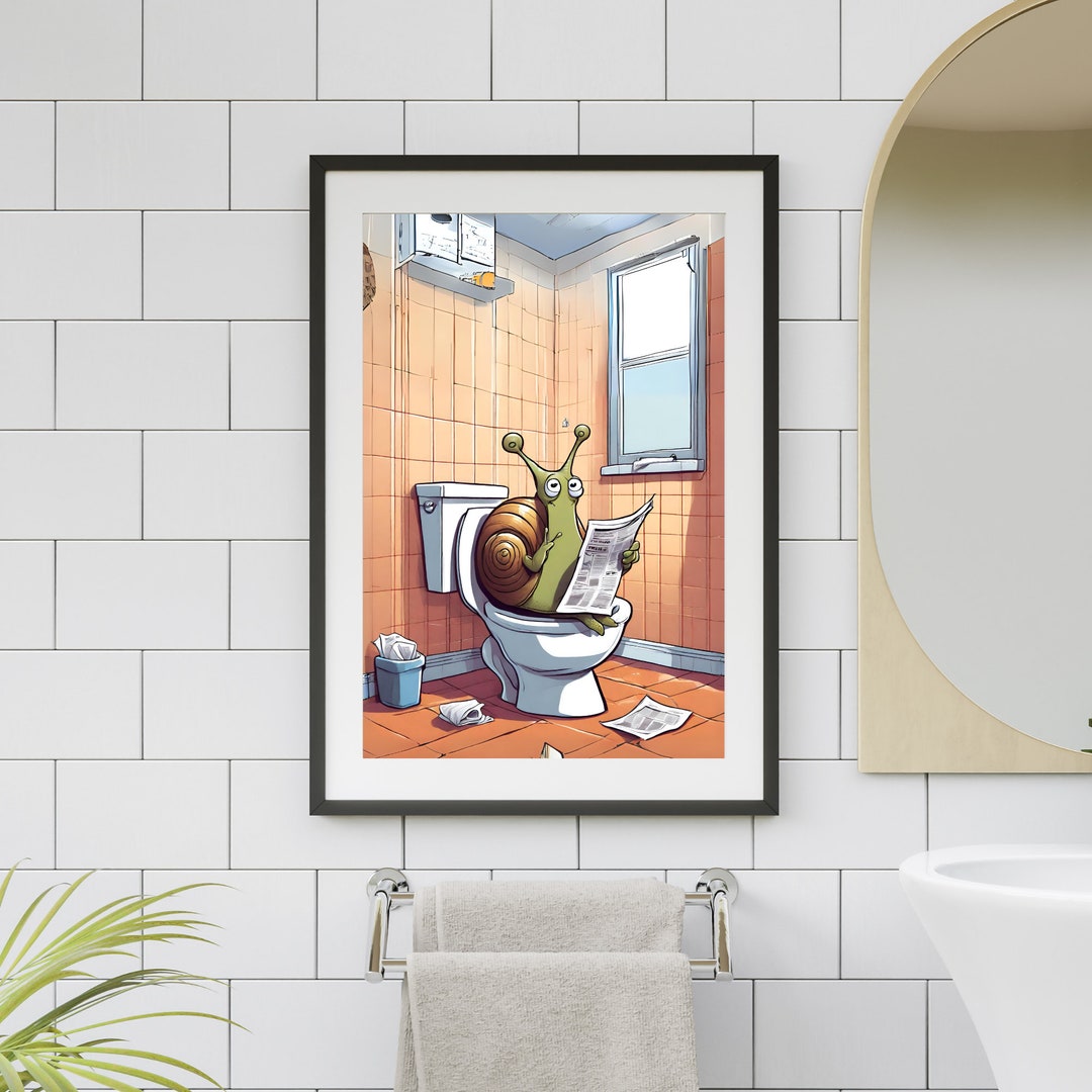 Snail in Toilet Bathroom Wall Art | Snail Reading Newspaper | Snail ...