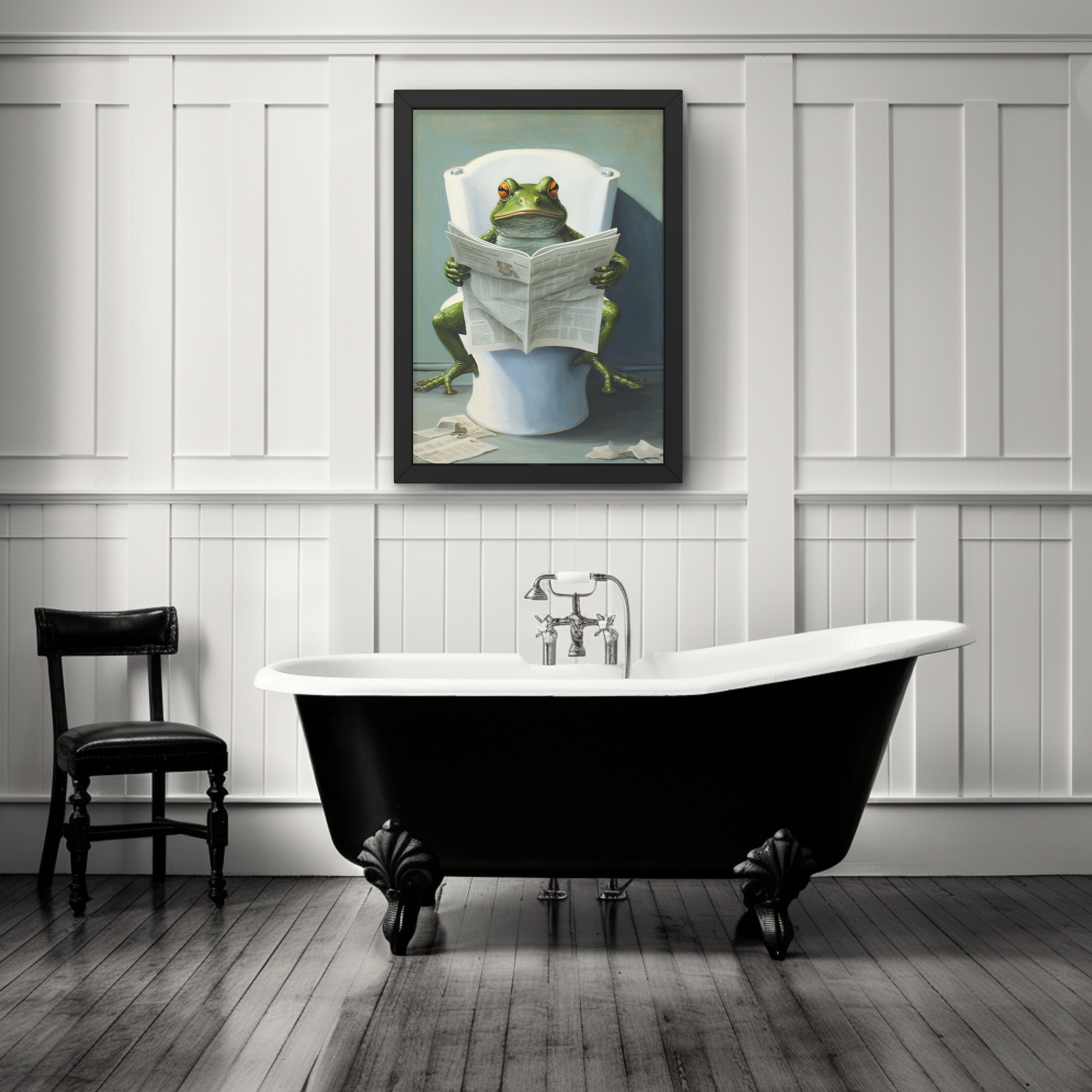 Frog on Toilet Printable Wall Art Frog Reading Paper Frog in Bathroom ...