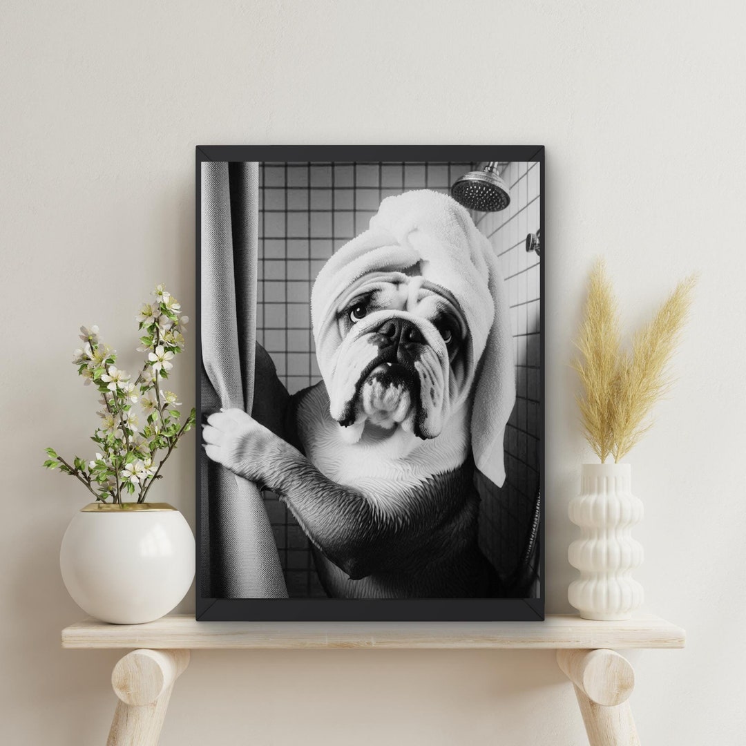 Funny English Bulldog Shower Print: Bathroom Wall Art, Bulldog Wall Art ...