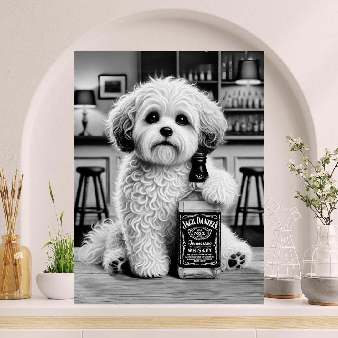 Shih Tzu Dog Alcohol Wall Art, Shih Tzu Sitting at Bar Poster, Jack ...