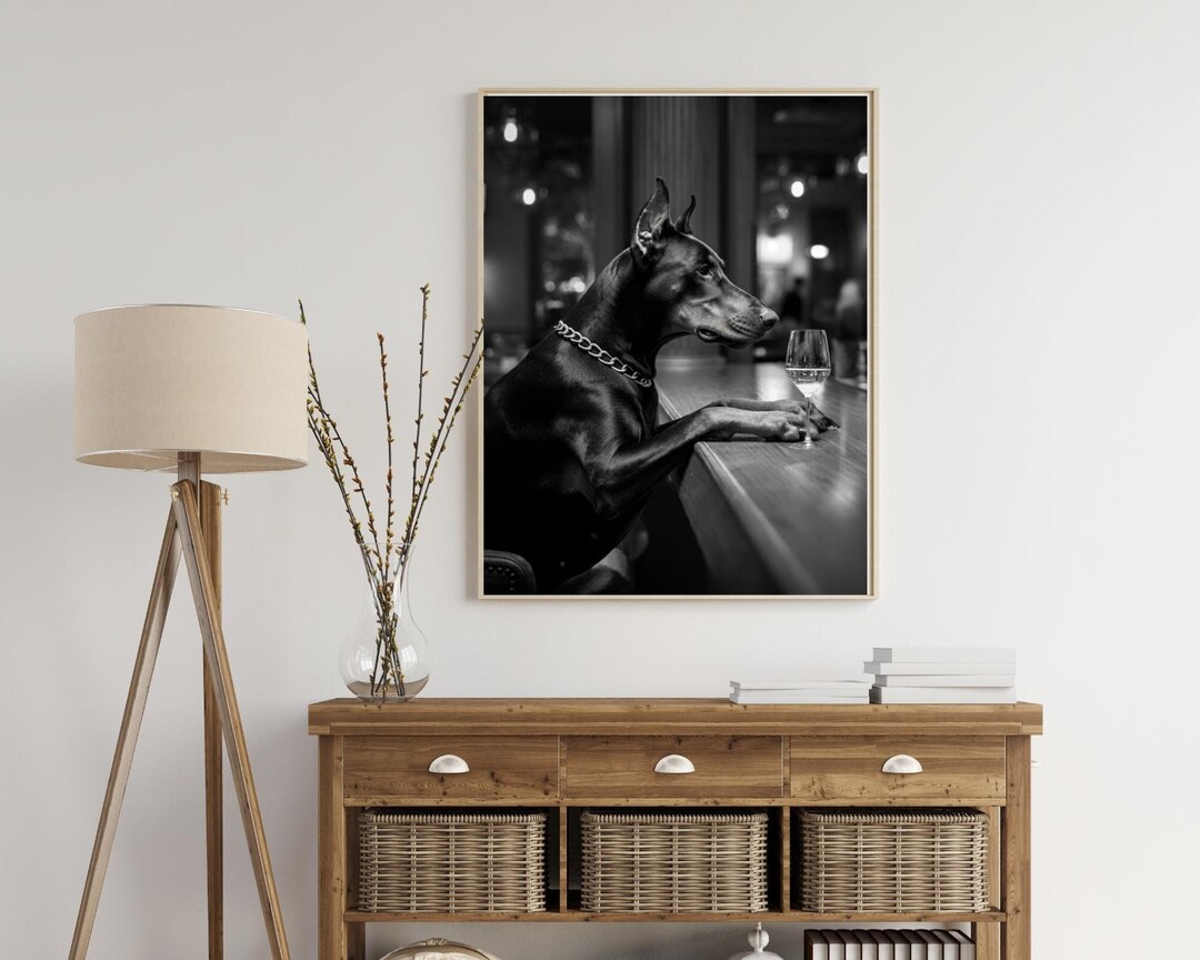Doberman Pinscher Dog, Alcohol Wall Art, Dobie Dog Decor, Bar Cart ...