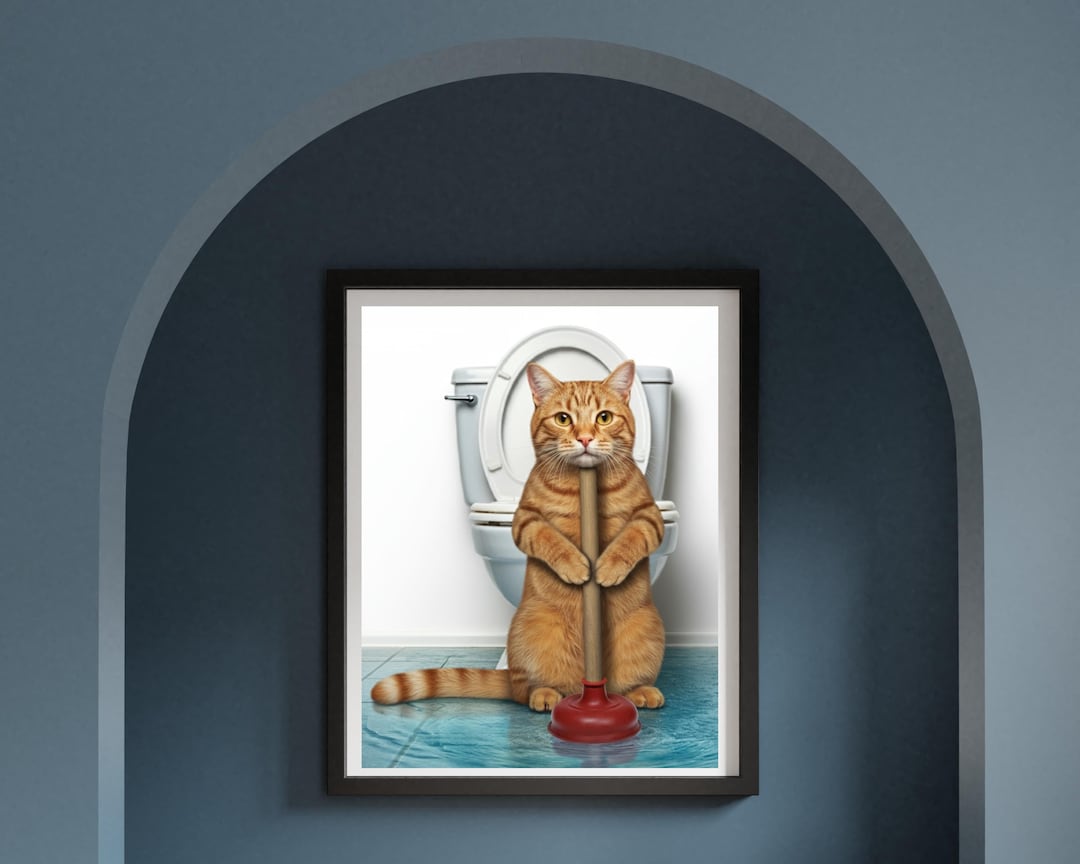 Ginger Cat Bathroom Wall Art, Plumber Cat With Plunger Poster, Guest ...