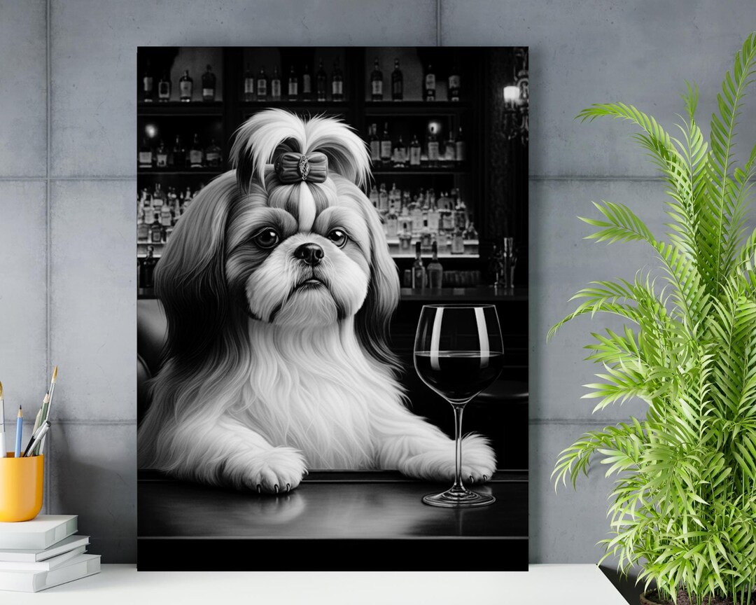 Shih Tzu Dog Alcohol Wall Art, Shih Tzu Sitting at the Bar Poster, Wine ...