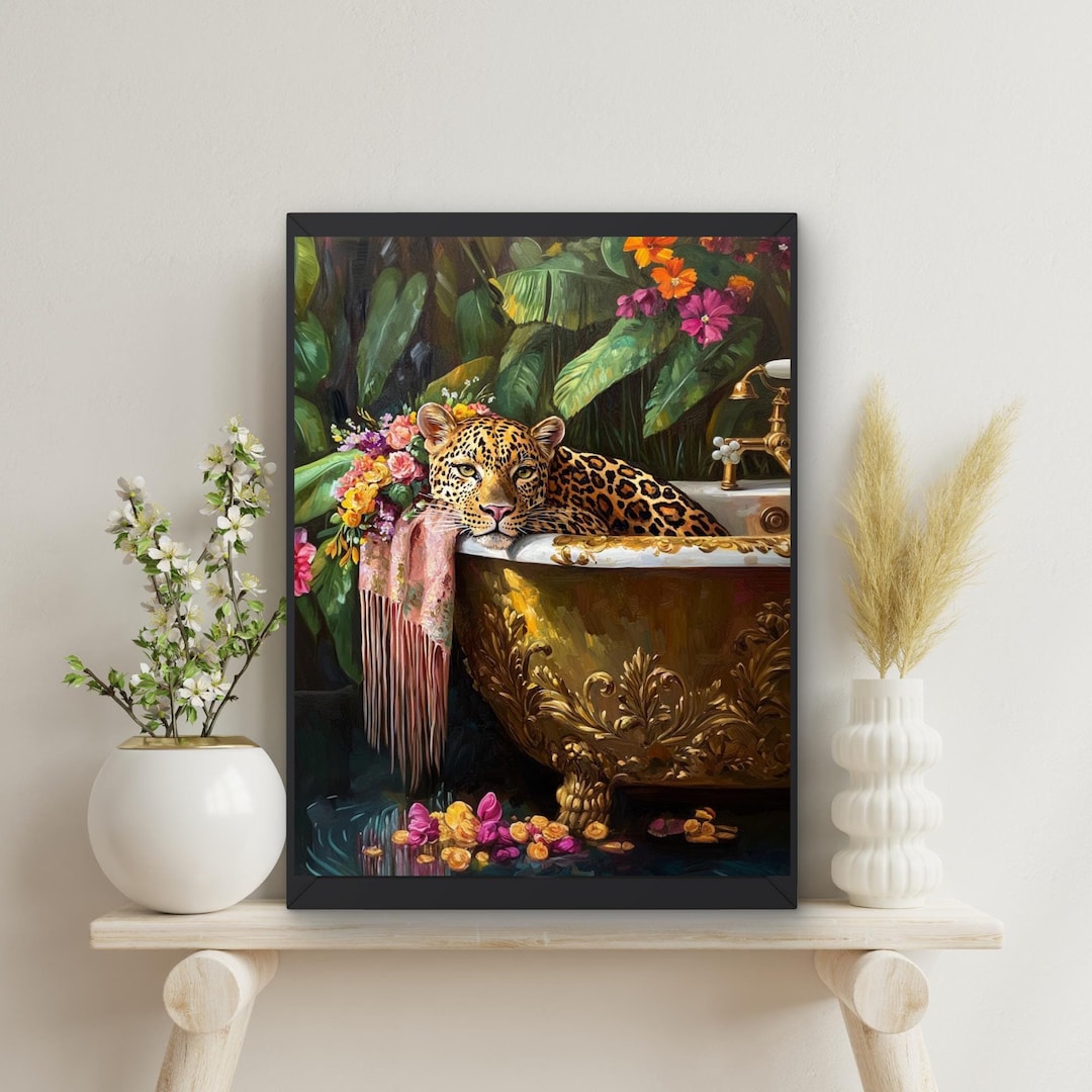 Elegant Leopard in Bathtub Printable Wall Art | Big Cat Taking a Bath ...