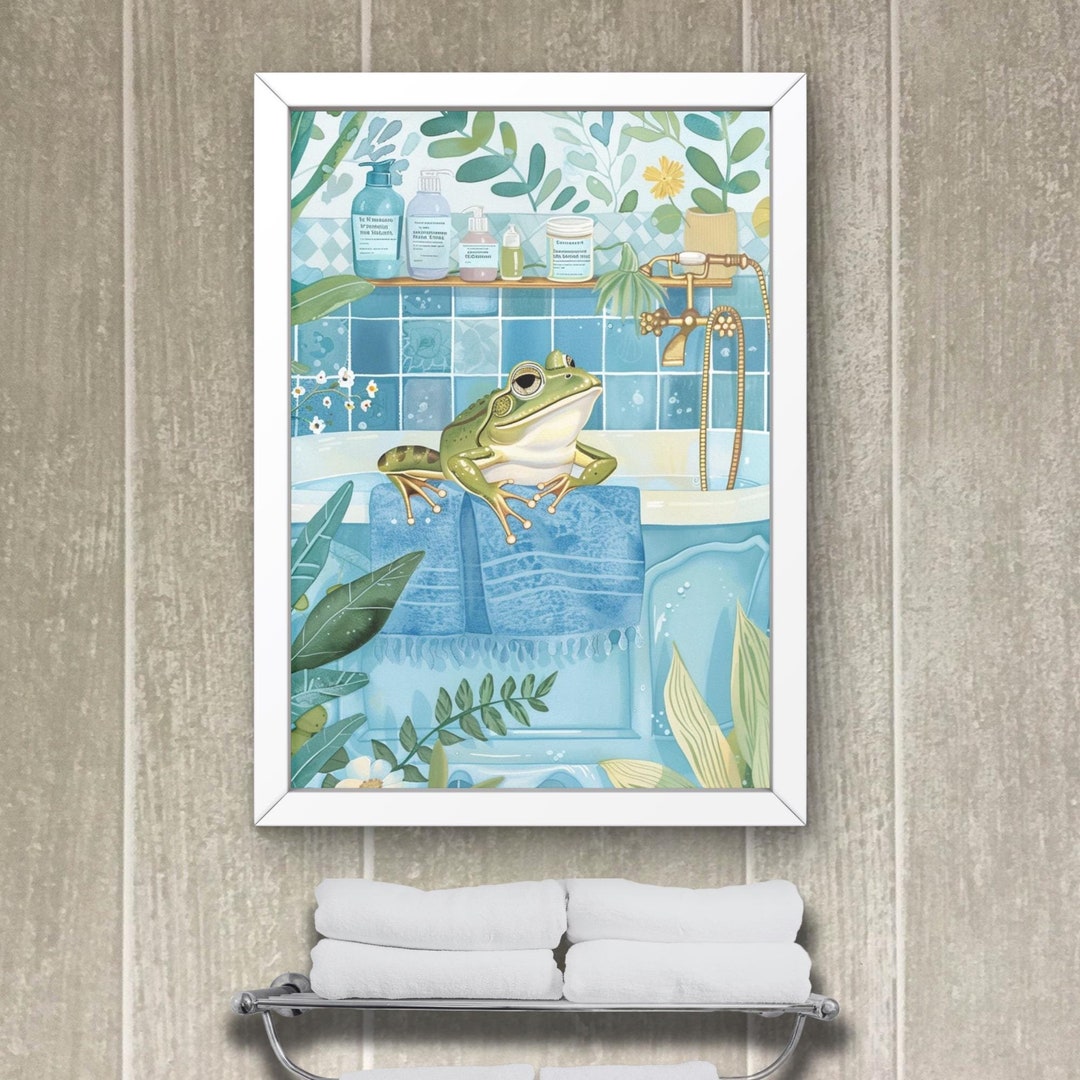 Frog in Bathtub Printable Wall Art, Toad Taking a Bath in Tub Print ...