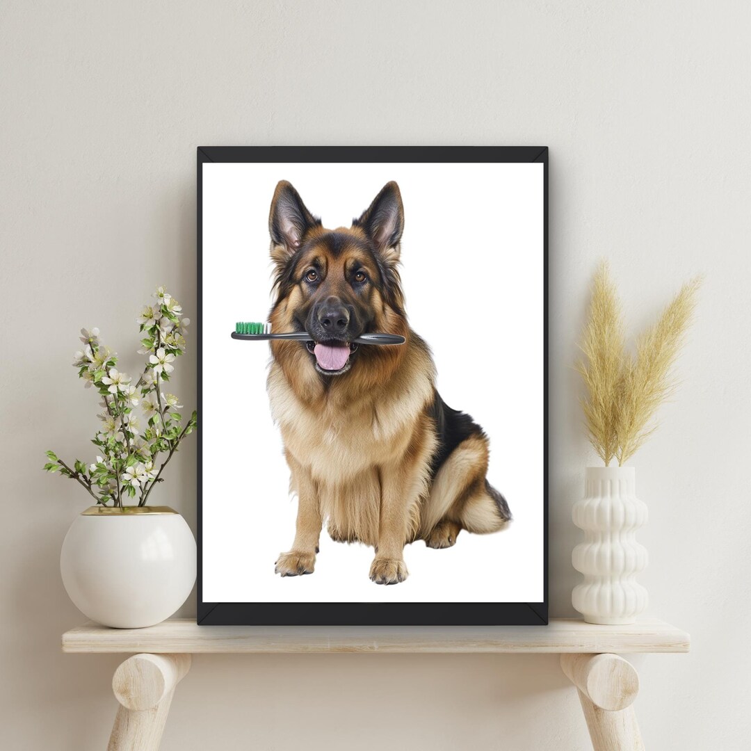 German Shepherd Dog Bathroom Wall Art | Brushing Teeth | Bathroom Art ...