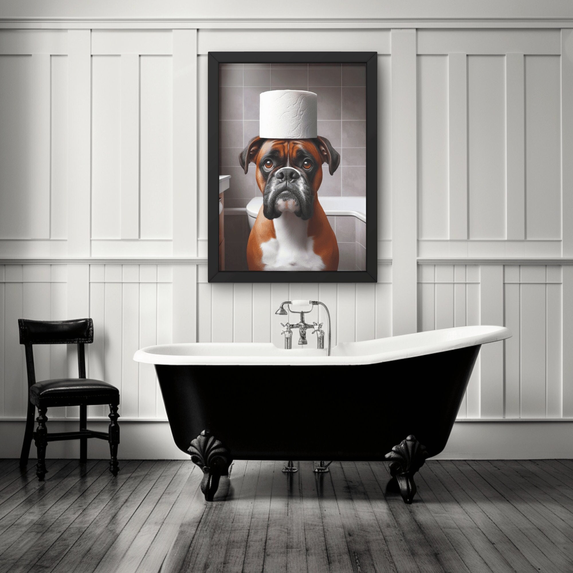 Boxer Dog Bathroom Wall Art, Dog With Toilet Paper on Head Wall Decor ...