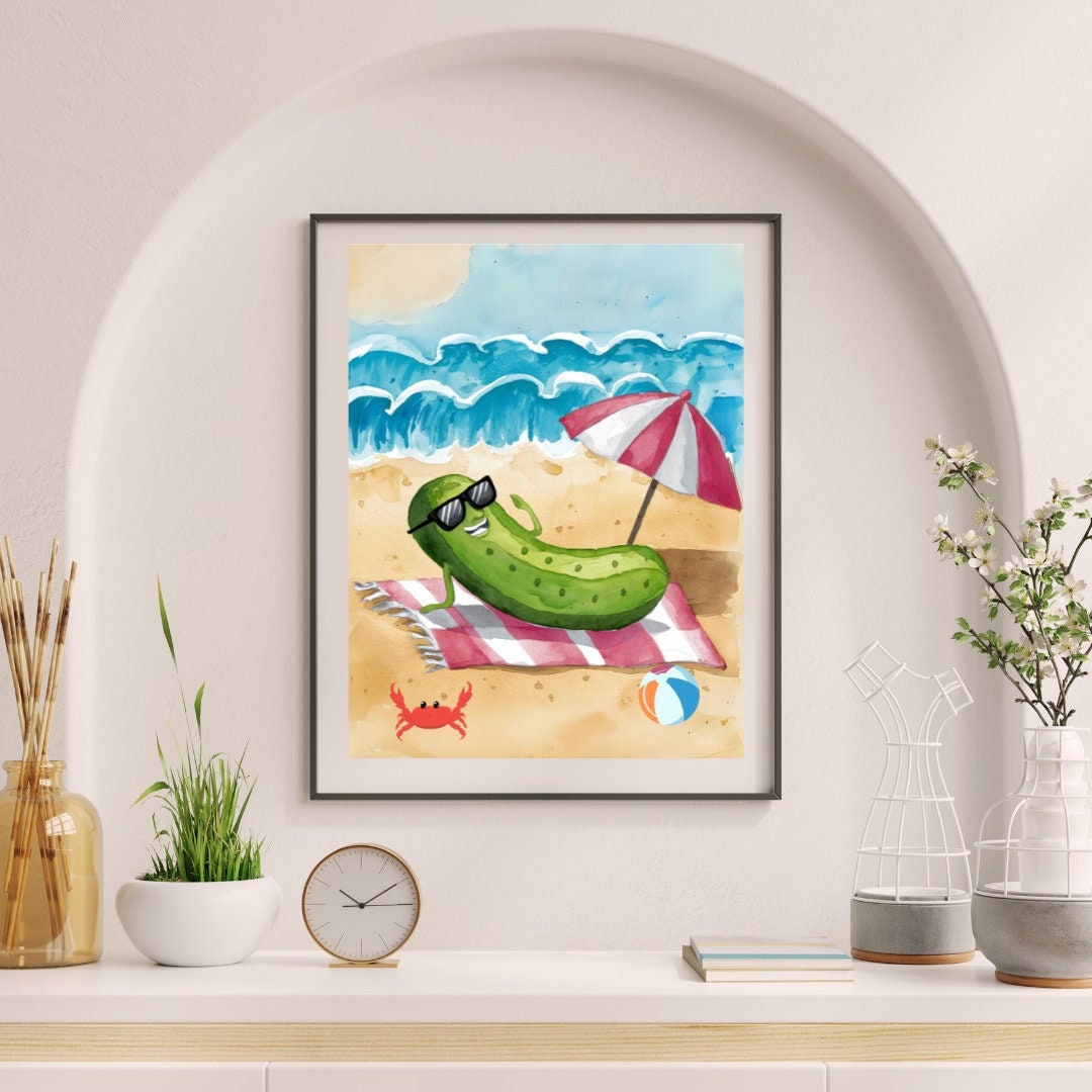 Beach Pickle Wall Art, Pickle Getting a Tan Décor, Beach House Decor ...