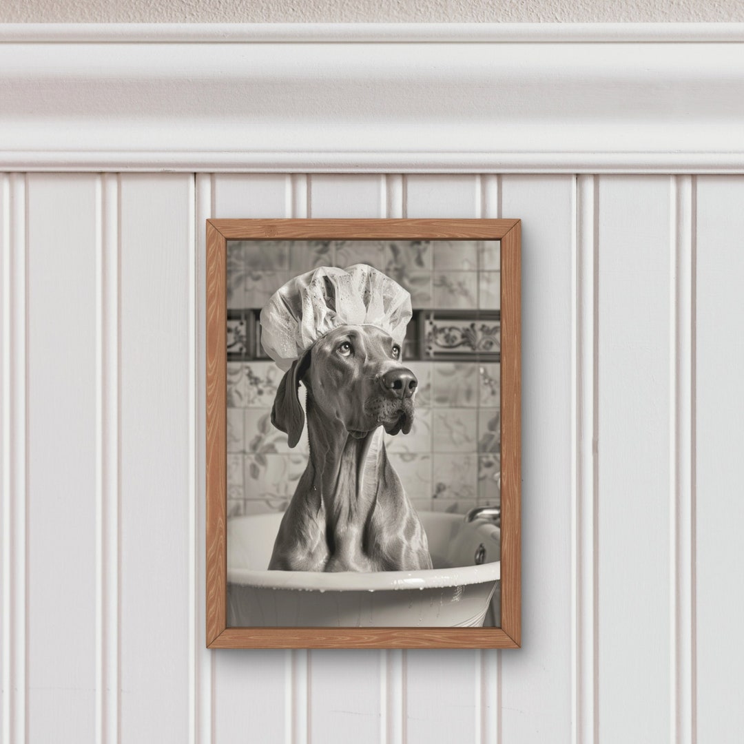 Great Dane Dog in Tub Bathroom Wall Art Dog Taking a Bath With Shower Cap Dog Bathroom Art Print ...