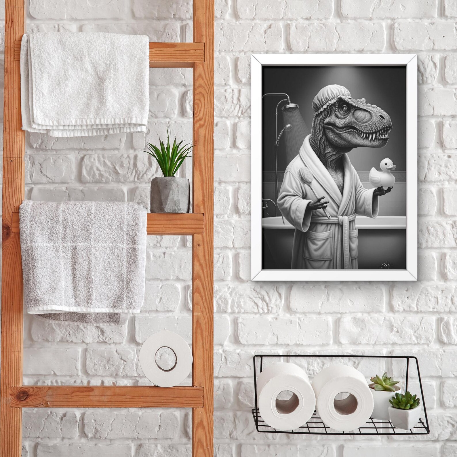 T-rex Dinosaur Bathroom Printable Wall Art, Dino With Rubber Duck ...