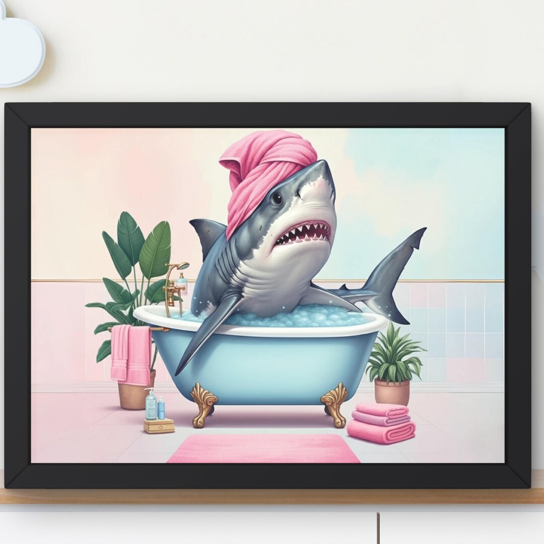 Great White Shark in Tub Bathroom Wall Art, Shark Taking a Bubble Bath ...