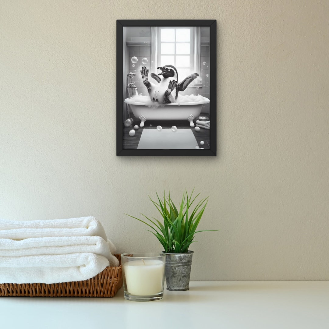 Penguin in Tub Printable Wall Art, Penguin Taking a Bath in Tub Print ...