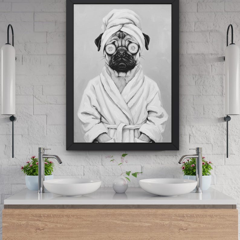 Bathroom Spa Pug Wall Art, Dog in Bathrobe and Headwrap Print, Guest ...