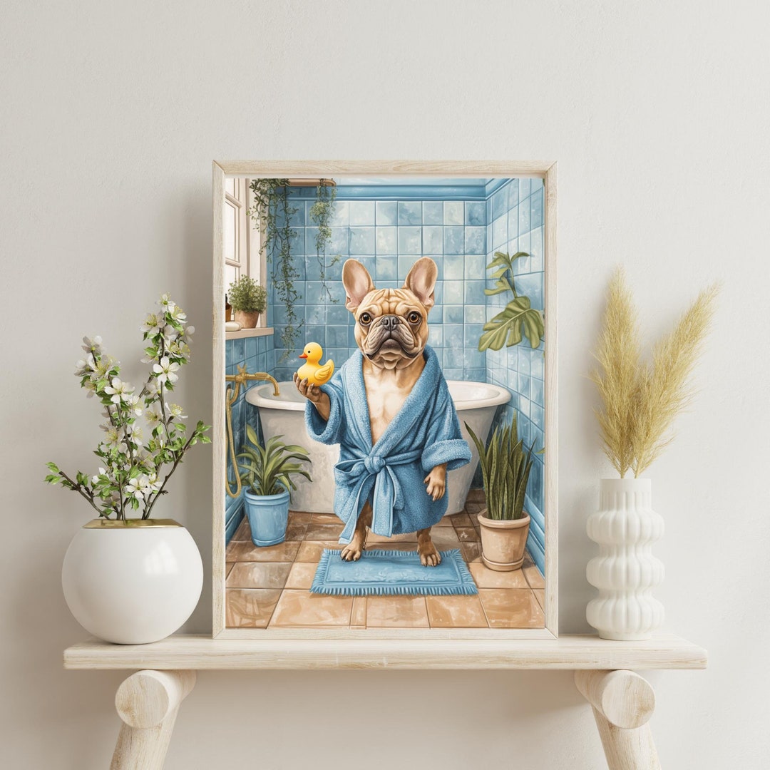 French Bulldog Dog in Bathtub Printable Wall Art Tan Frenchie Dog in ...