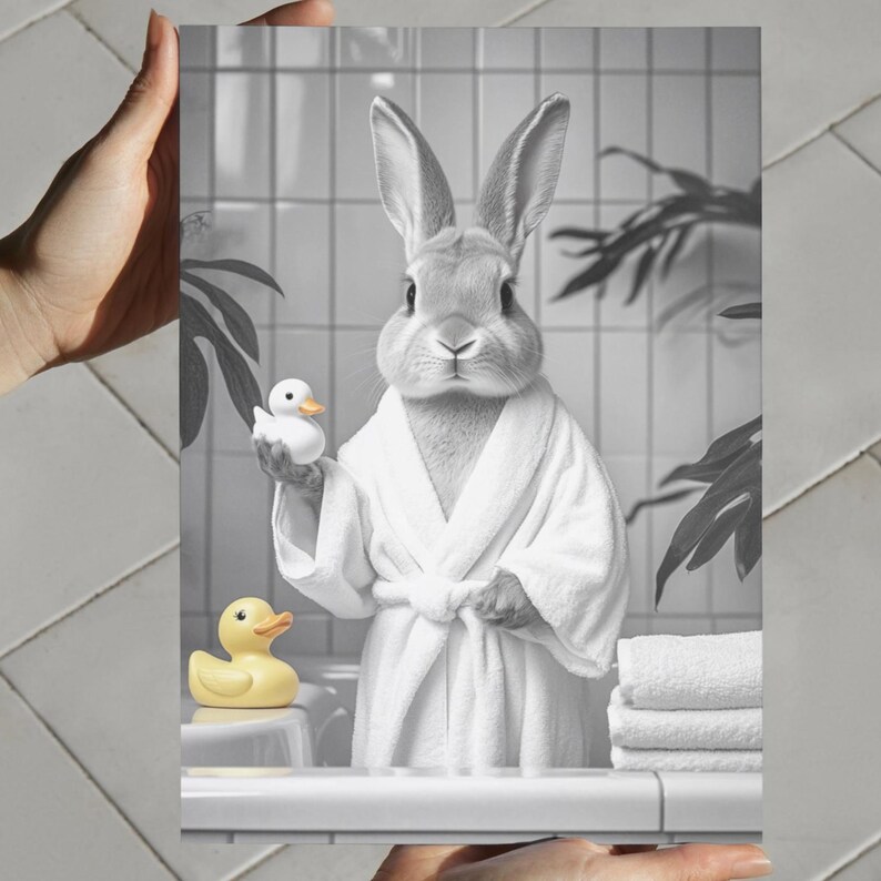 Rabbit Taking Bath, Bathroom Wall Art, Bunny in Bathrobe Print, Rubber ...