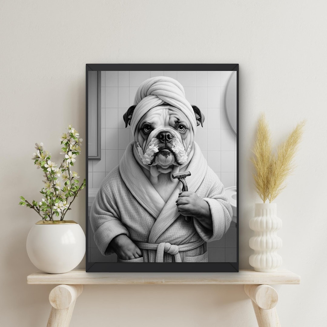 English Bulldog Bathroom Wall Art Shaving With Razor in Mirror Bulldog ...