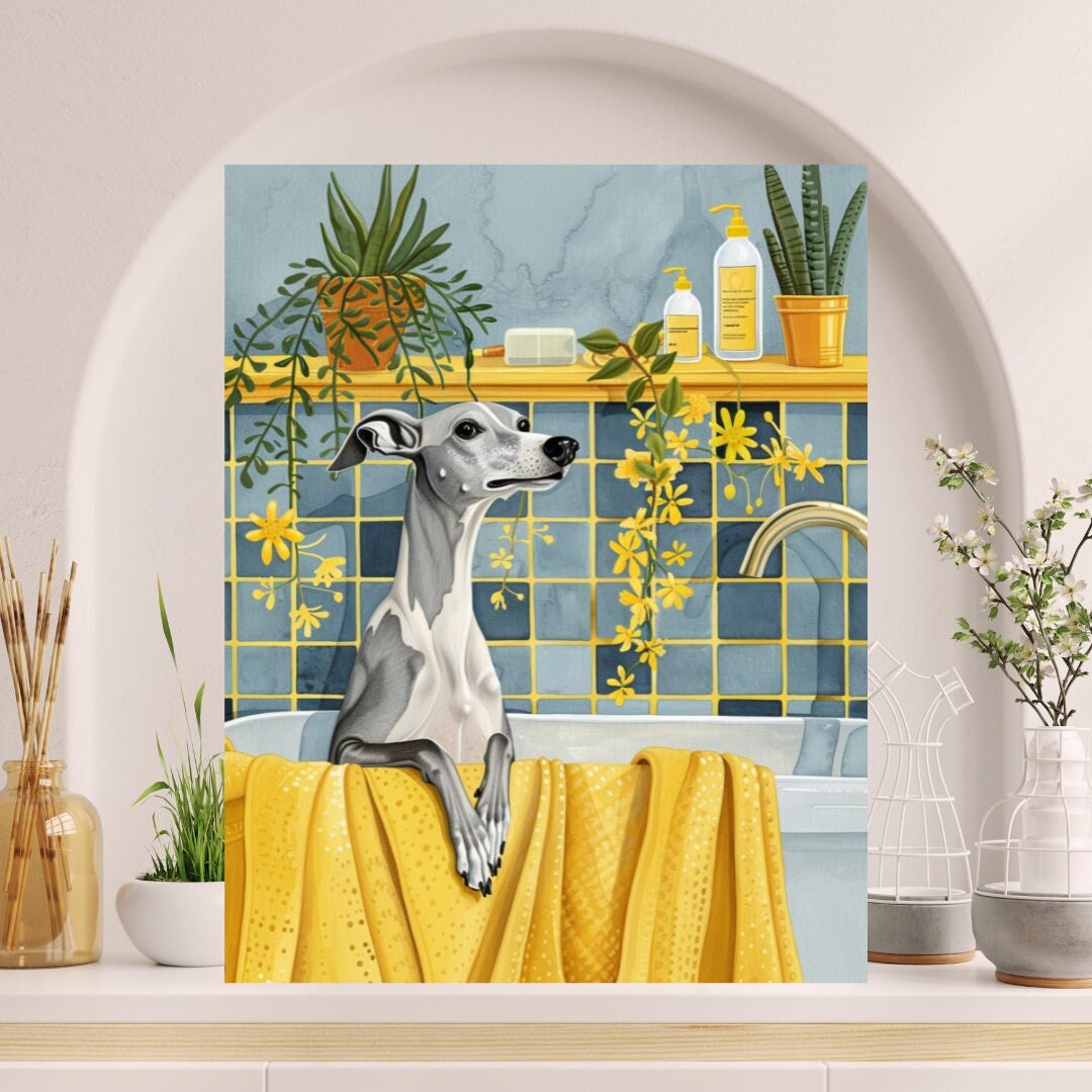 Greyhound in Bathtub Printable Wall Art, Dog Taking a Bath in Tub ...