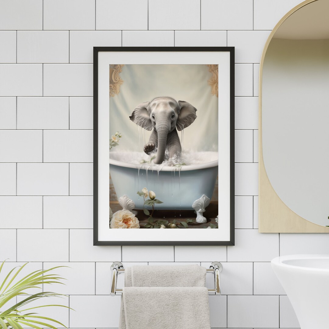 Elephant in Bathtub Printable Wall Art, Elephant Taking a Bath in Tub ...