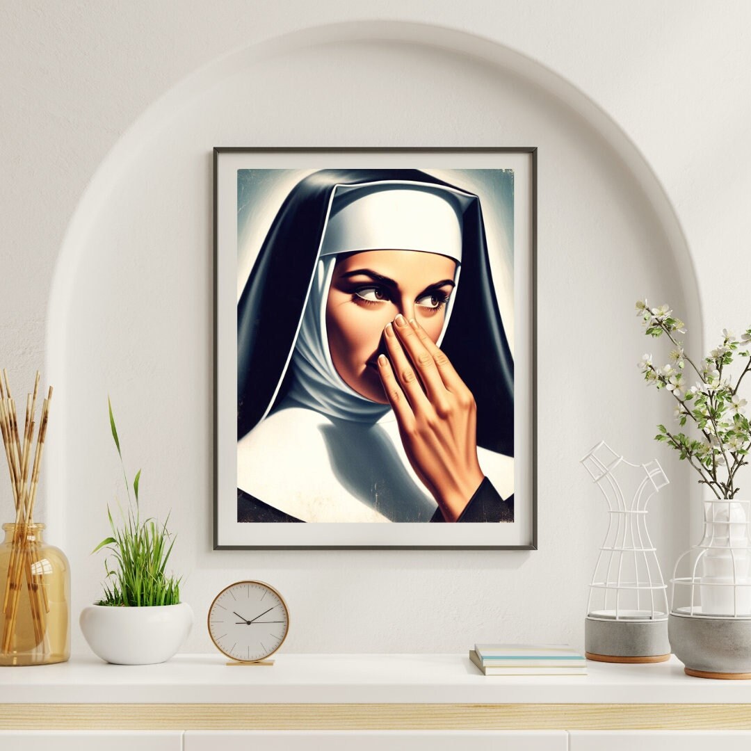 Nun Covering Her Nose Bathroom Wall Art Decor Catholic Lady Wearing ...
