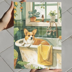 Welsh Corgi Dog in Bathtub Printable Wall Art Corgi Dog Taking a Bath ...