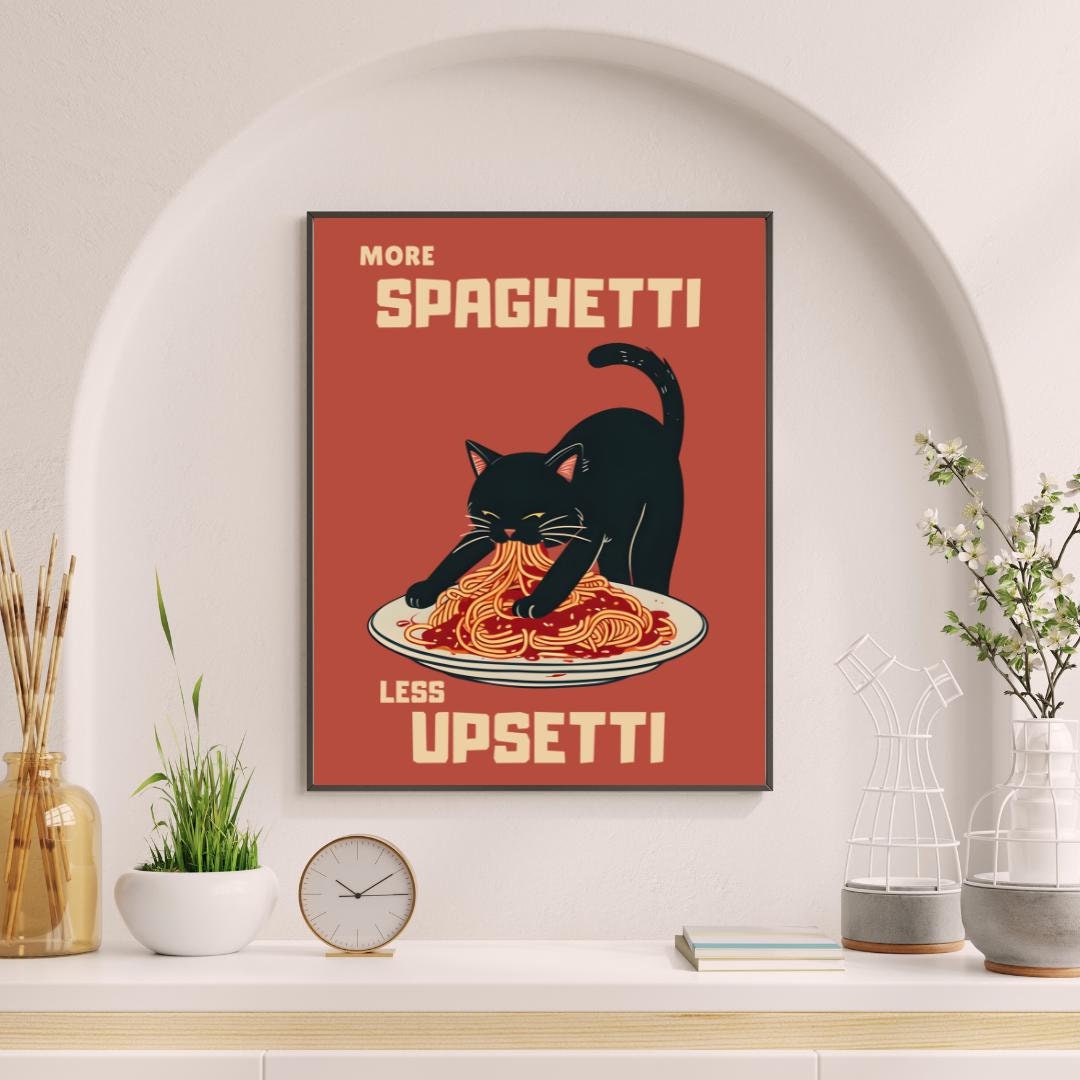 More Spaghetti Less Upsetti Black Cat Print, Retro Diner Poster, Bistro ...