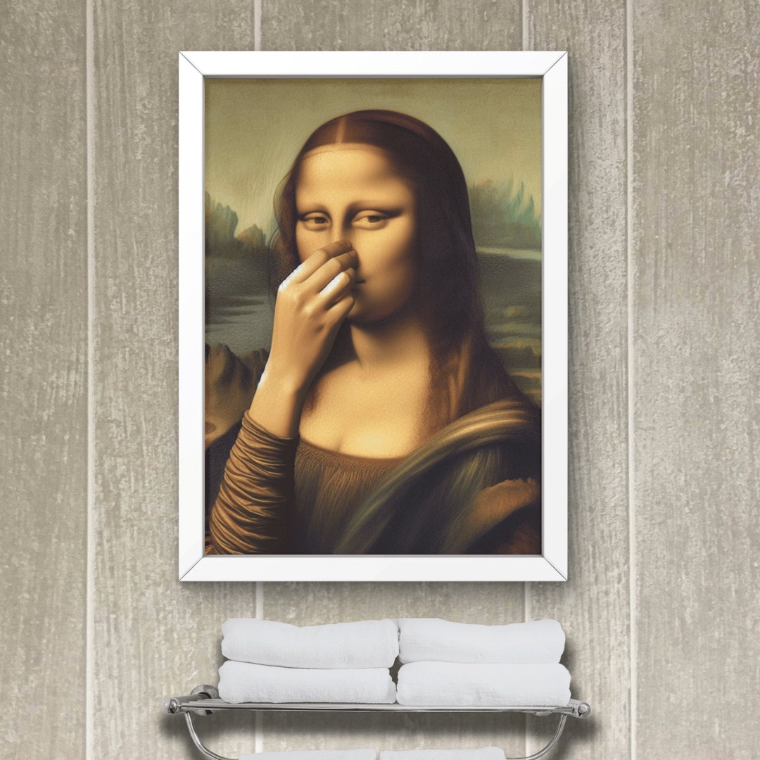 Parody Mona Lisa Bathroom Wall Art Decor Covering Her Nose Vintage Bad ...